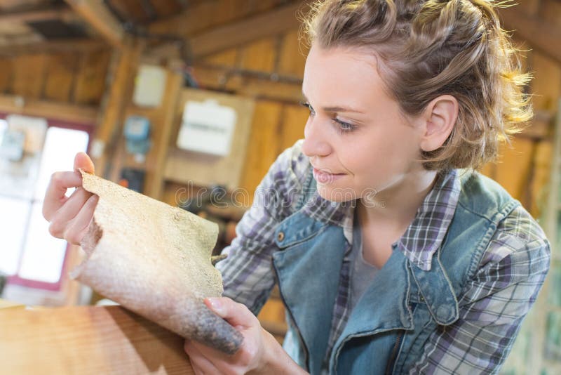 Beautiful Female Carpenter in Workshop Stock Photo - Image of plane ...