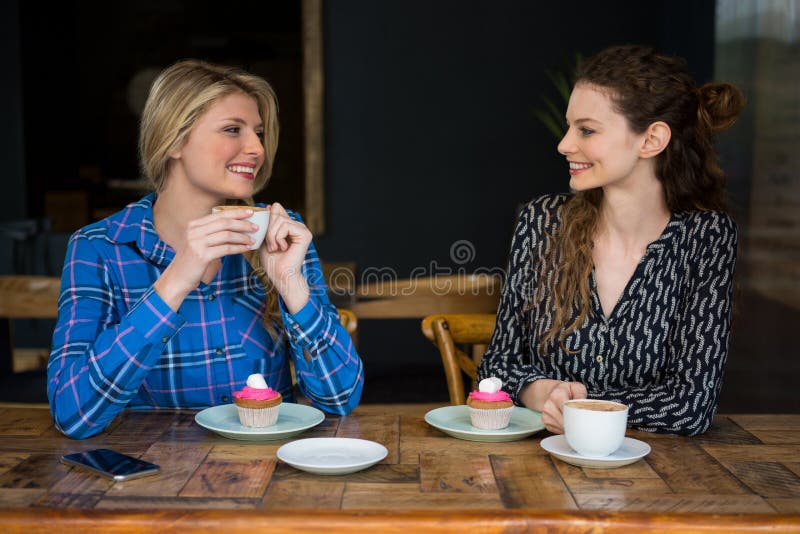 Beautiful Female Friends Having Coffee while Talking in Cafeteria Stock ...