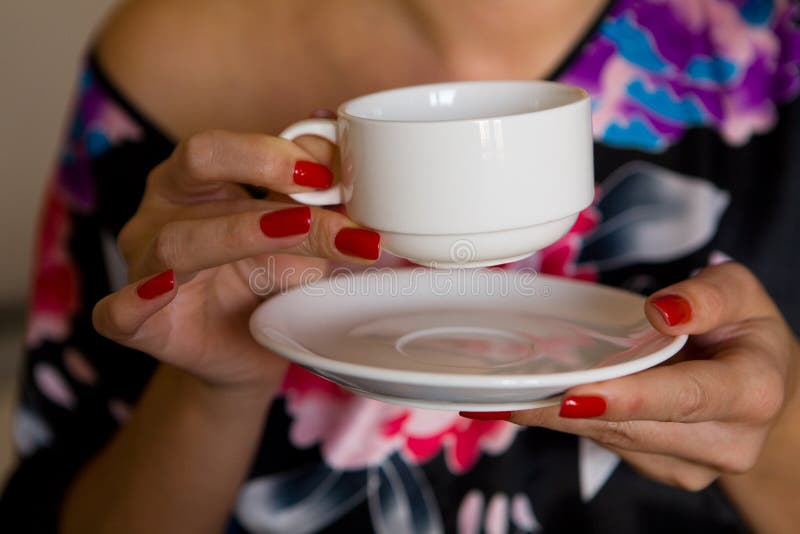 Beautiful Female Hands Hold a Cup and a Plate. Stock Photo - Image of ...