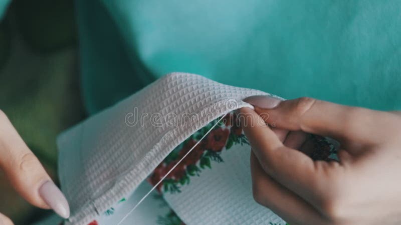 Beautiful Female Hands Sew Manually with Thread and Needle at Home ...