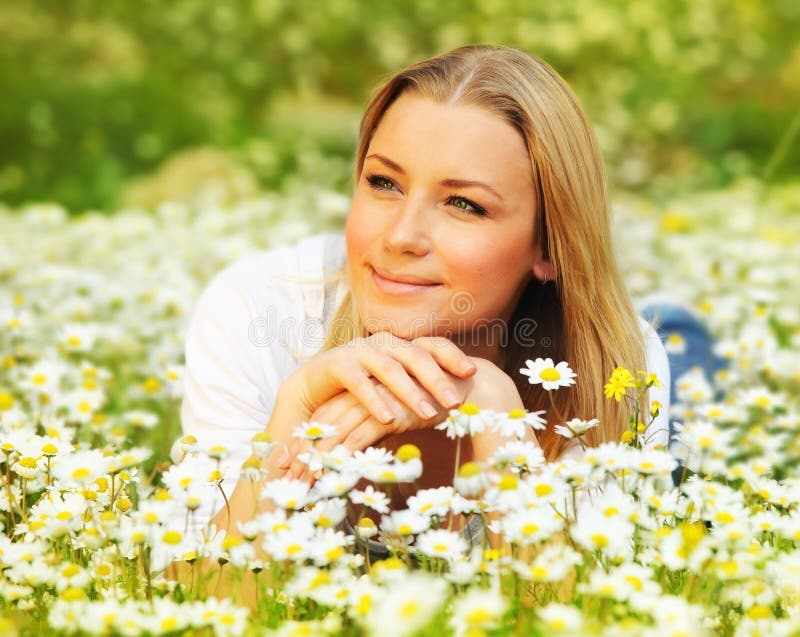 Beautiful Female Laying on the Flower Filed Stock Photo - Image of ...