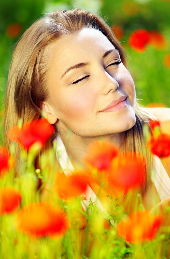 Beautiful Female Laying on the Flower Filed Stock Photo - Image of ...