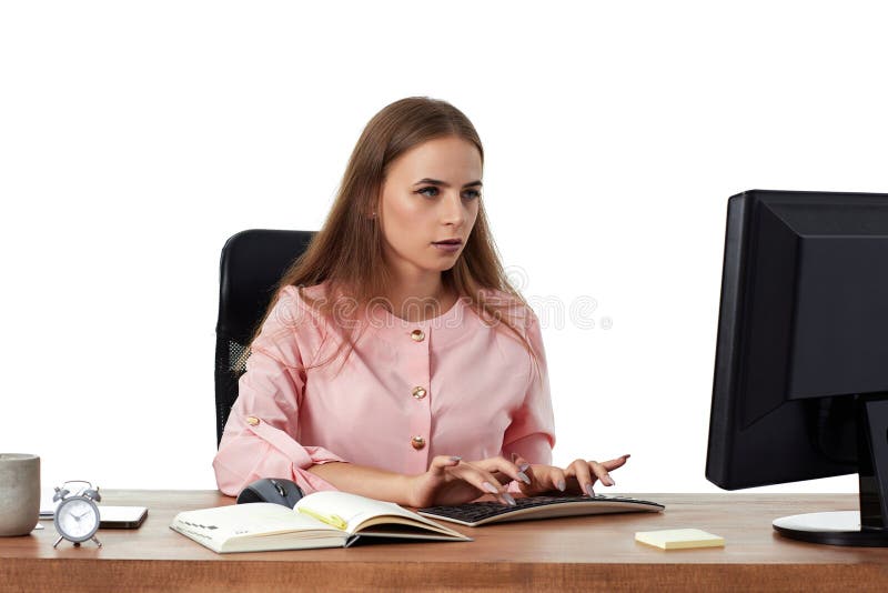 Female Manager Using PC Computer for Online Work at Office Stock Photo ...