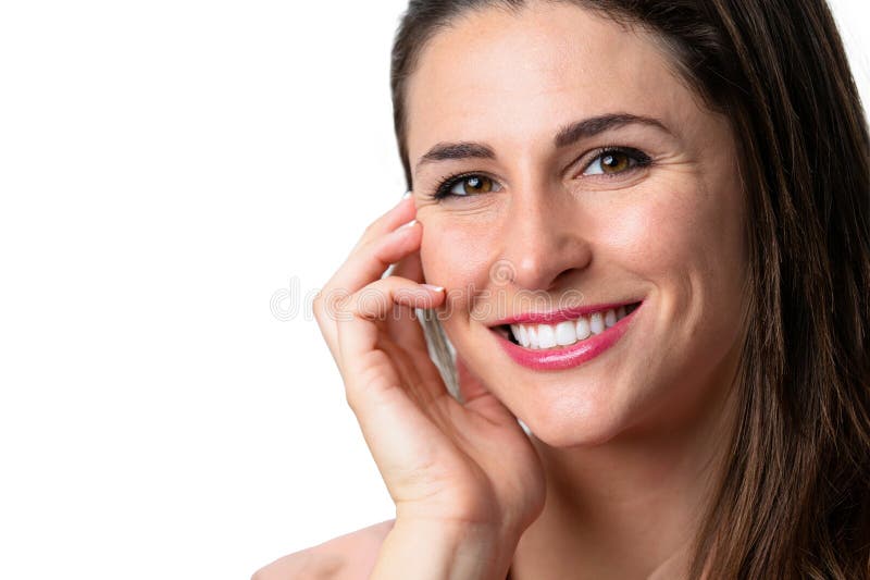Beautiful Female Model With Natural Make Up And Lipstick White Teeth