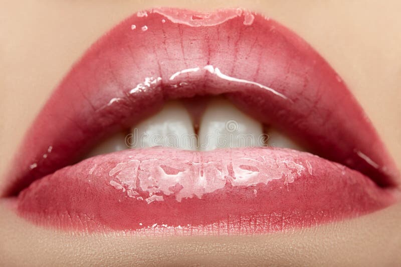 Beautiful Female with Pink Shiny Lips Close Up Stock Image - Image of ...