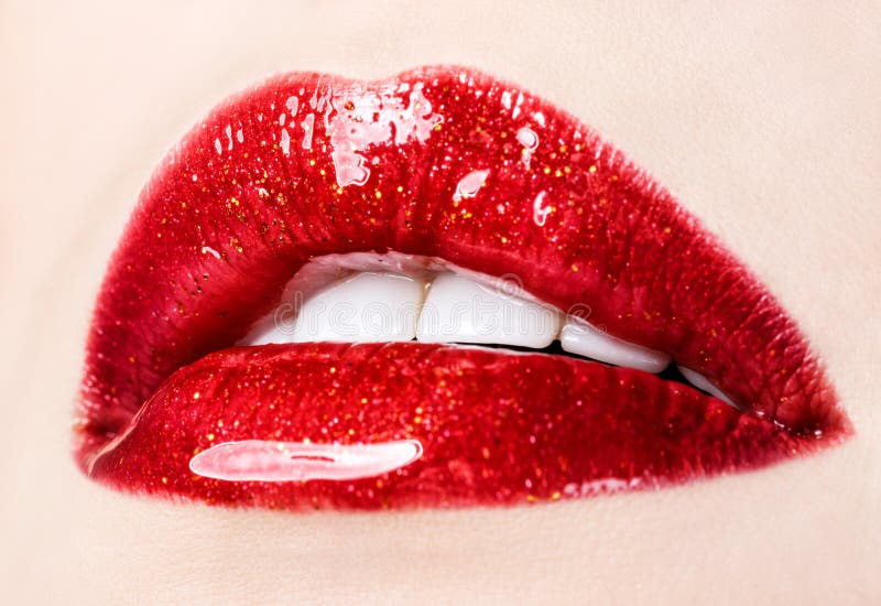 Beautiful Female with Red Shiny Lips Stock Photo - Image of woman, open ...