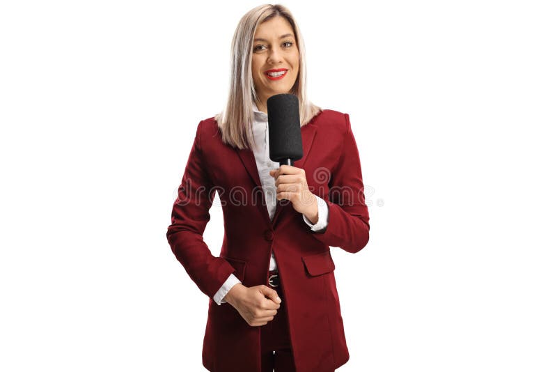 A Beautiful Reporter Standing Hand Over a Microphone Stock Photo ...