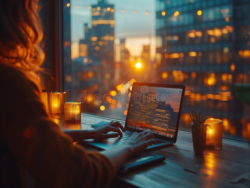 Beautiful Female Using Laptop Computer, Beautiful View of the Evening ...