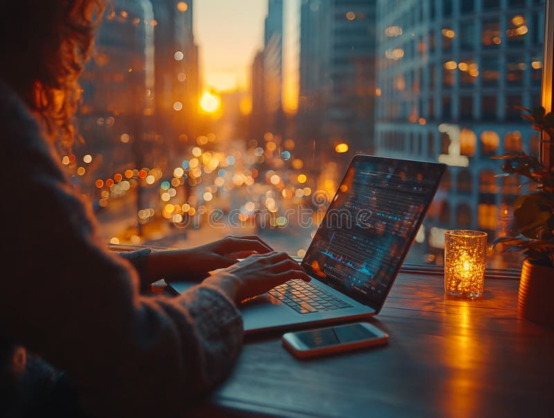 Beautiful Female Using Laptop Computer, Beautiful View of the Evening ...