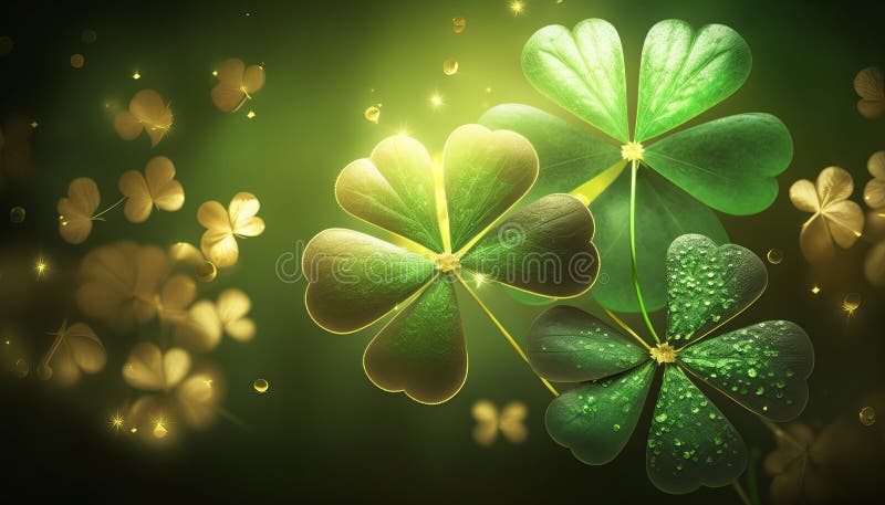 Beautiful Festive Background With Shining Clover Shamrocks And Golden