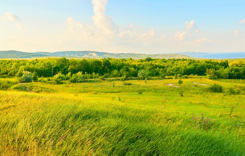 Beautiful Fields Against the Backdrop of Mountains and Blue Sky with ...
