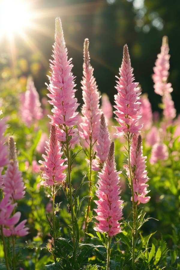 Beautiful Field Filled Pink Flowers Under Warm Sunlight Stock Photos ...
