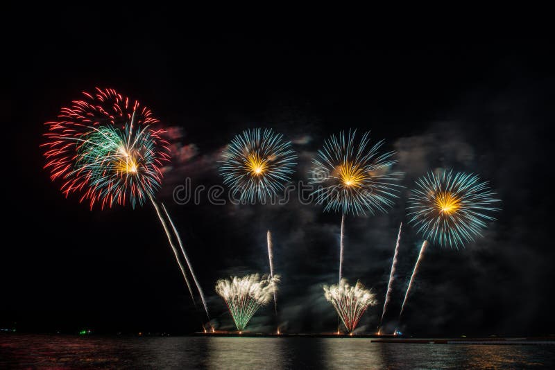 Firework Display for Celebration Over the Sea Stock Photo - Image of ...