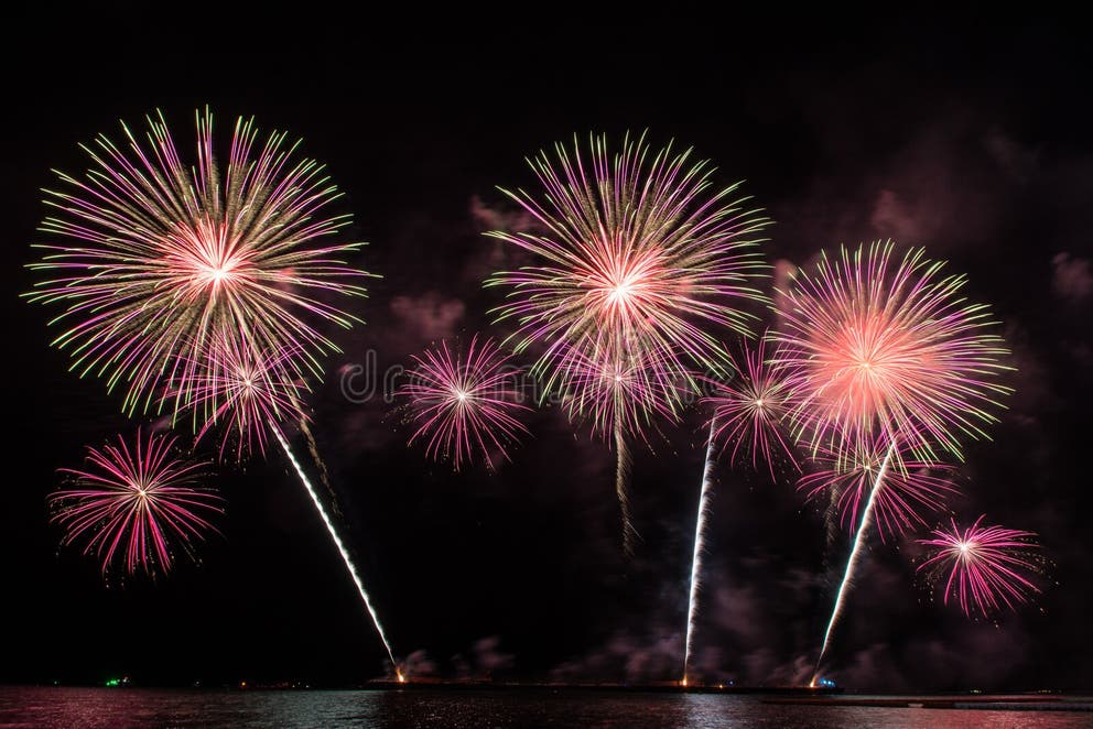Firework Display for Celebration Over the Sea Stock Image - Image of ...