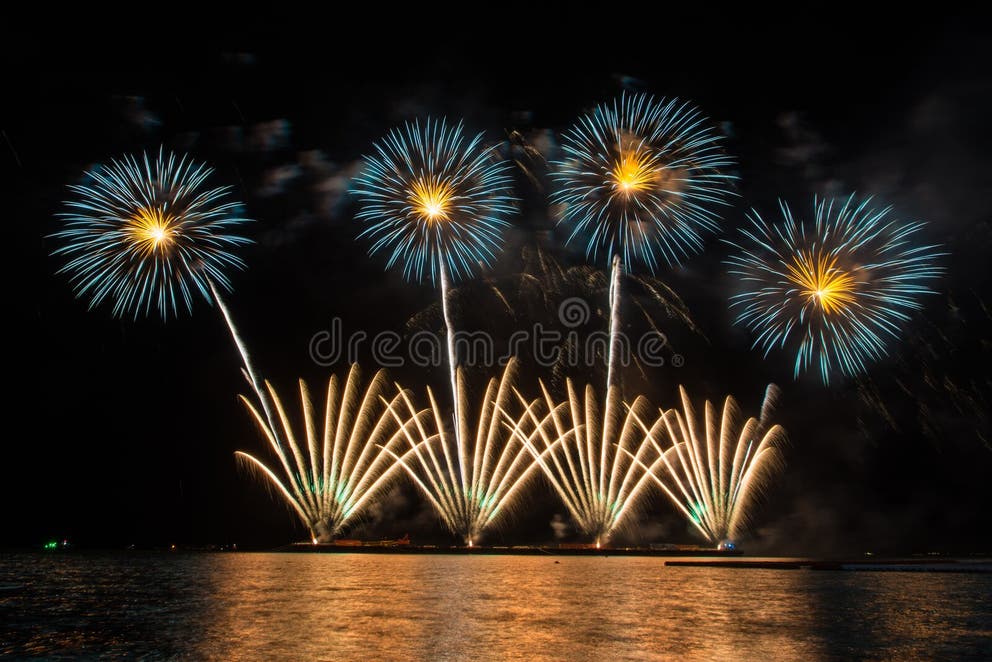 Firework Display for Celebration Over the Sea Stock Photo - Image of ...