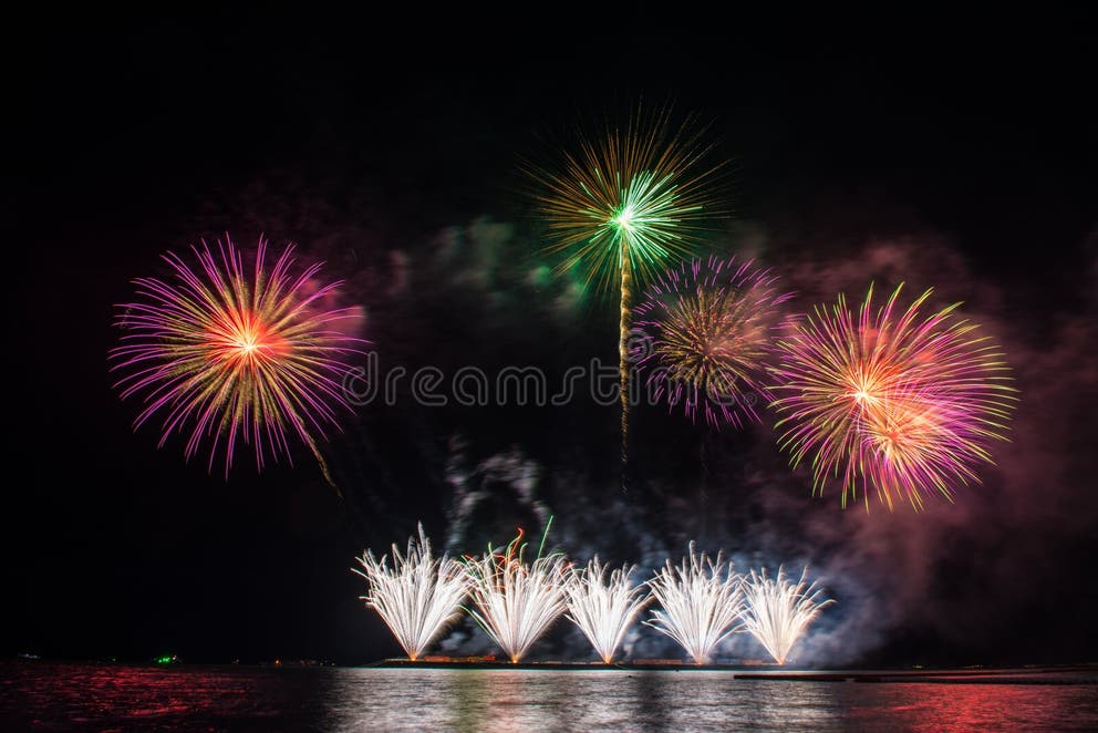 Firework Display for Celebration Over the Sea Stock Image - Image of ...