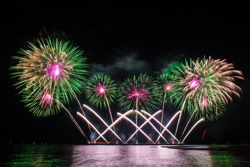 Firework Display for Celebration Over the Sea Stock Photo - Image of ...