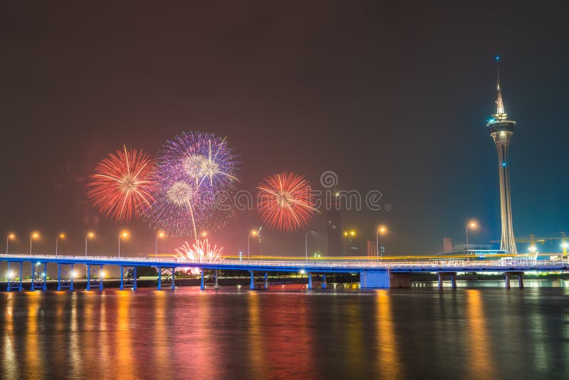Beautiful Firework with Macau Tower is Landmark of Macau City Editorial ...