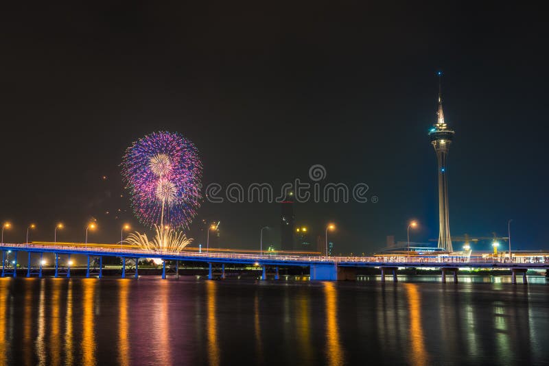 Beautiful Firework with Macau Tower is Landmark of Macau City Editorial ...