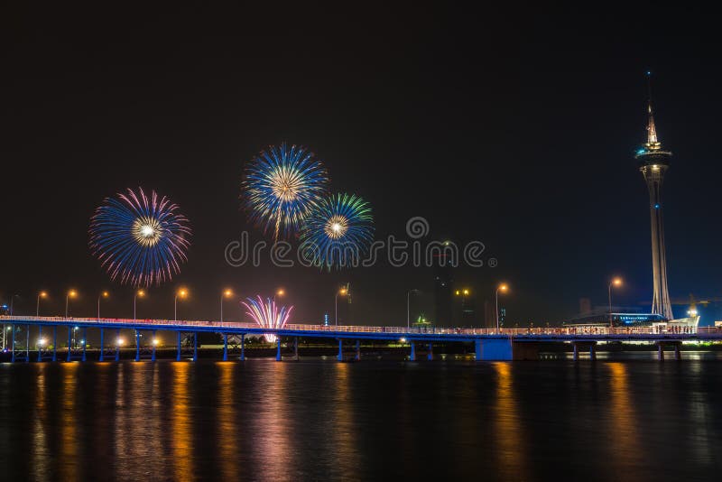 Beautiful Firework with Macau Tower is Landmark of Macau City Editorial ...
