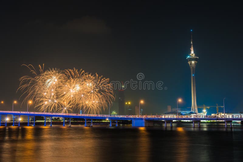 Beautiful Firework with Macau Tower is Landmark of Macau City Editorial ...