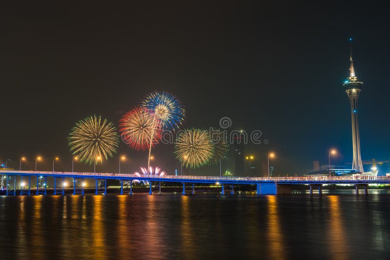 Beautiful Firework with Macau Tower is Landmark of Macau City Editorial ...