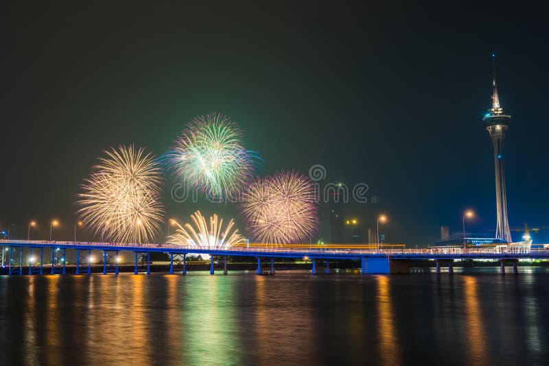 Beautiful Firework with Macau Tower is Landmark of Macau City Stock ...