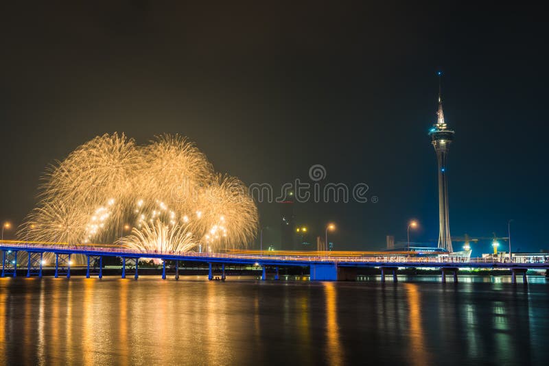 Beautiful Firework with Macau Tower is Landmark of Macau City Stock ...