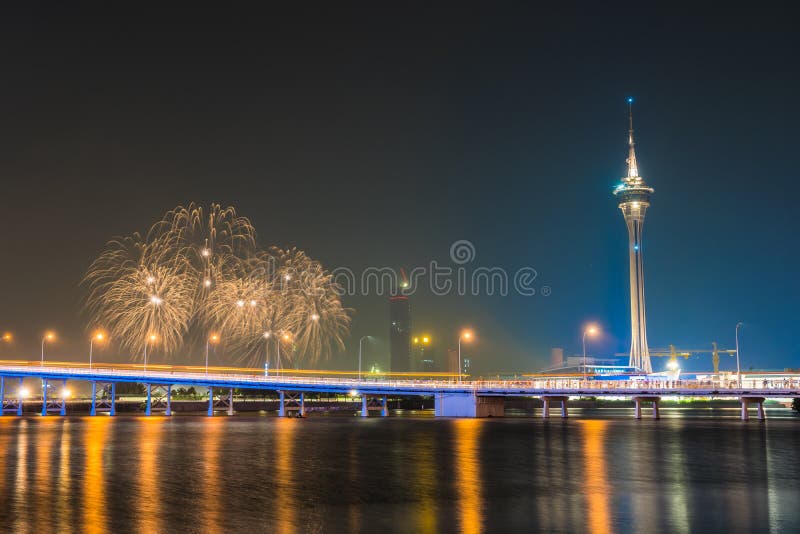 Beautiful Firework with Macau Tower is Landmark of Macau City Editorial ...
