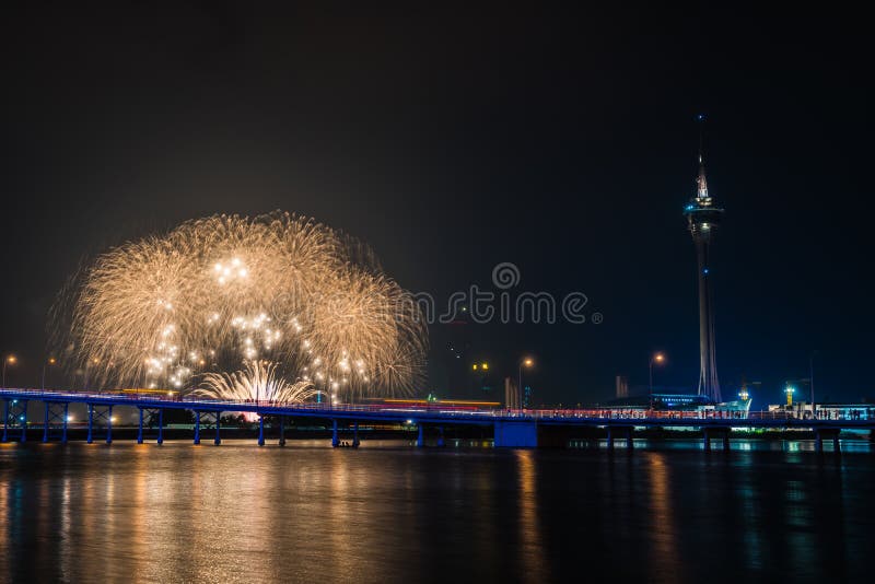 Beautiful Firework with Macau Tower is Landmark of Macau City Stock ...