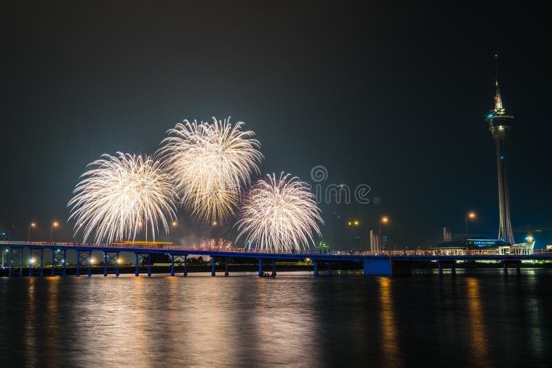 Beautiful Firework with Macau Tower is Landmark of Macau City Stock ...