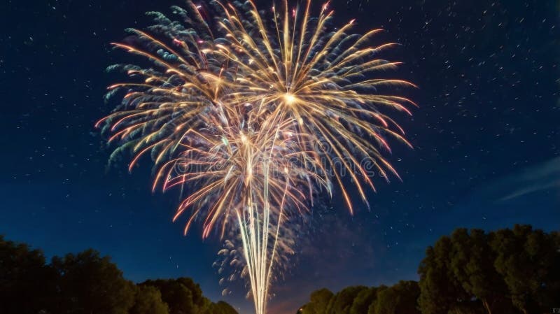 Colorful Fireworks Exploding in the Night Sky Above Trees Stock Photo ...