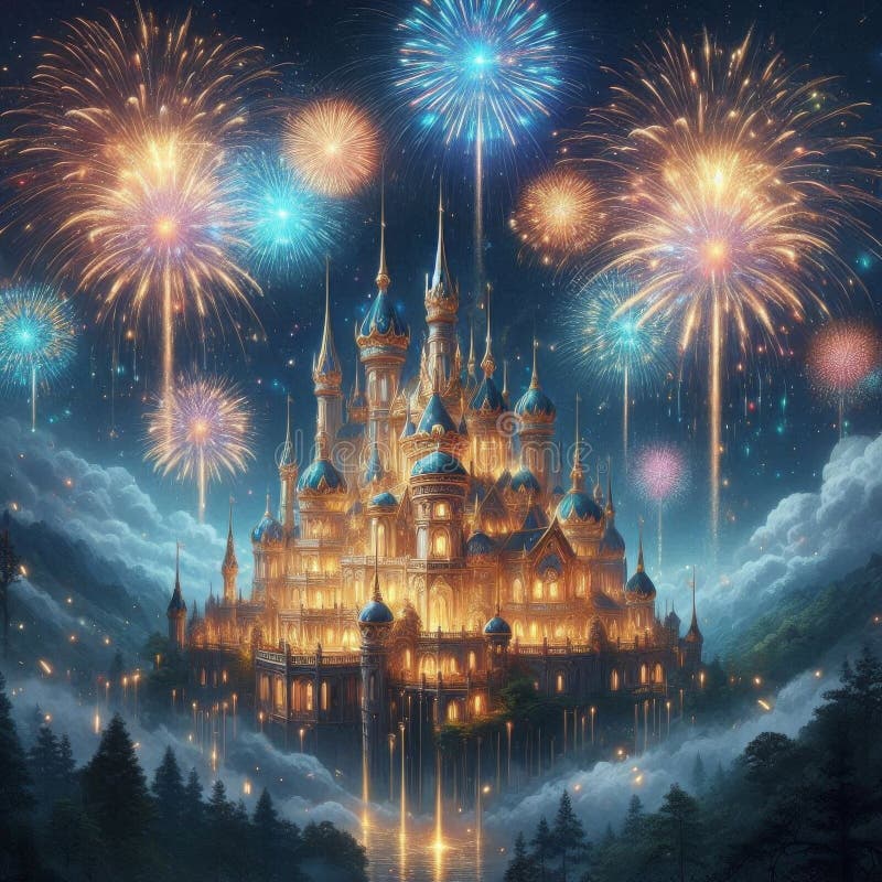 Beautiful Fireworks in a Fantasy Castle. Stock Photo - Image of night ...