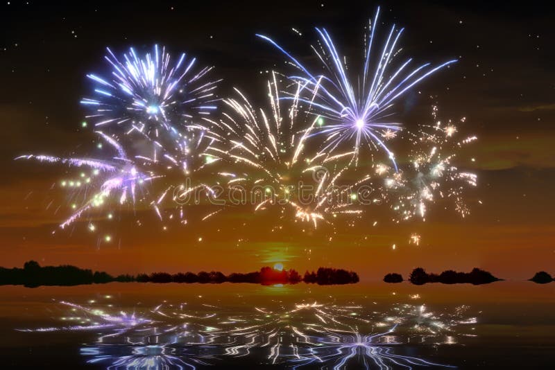 Beautiful Fireworks in Front of a Sunset at the Beach Stock Photo ...