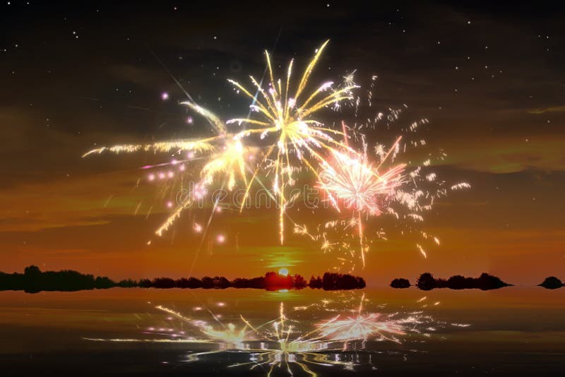 Beautiful Fireworks in Front of a Sunset at the Beach Stock Image ...