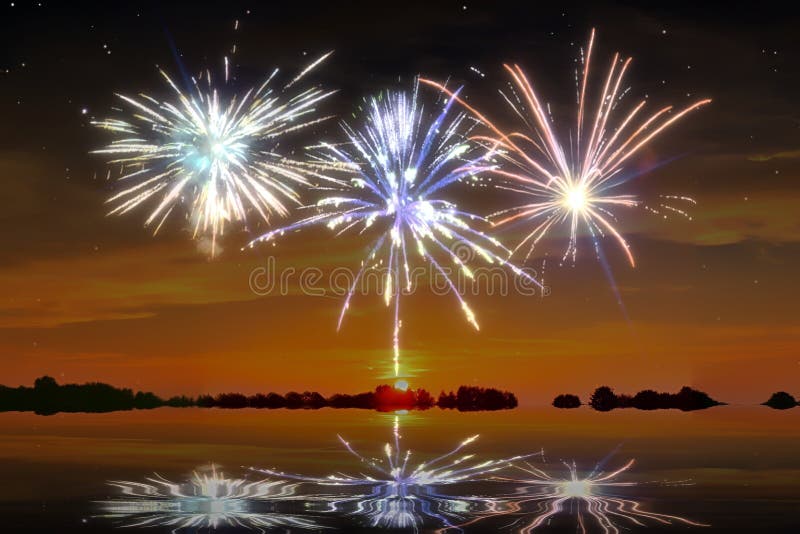 Beautiful Fireworks in Front of a Sunset at the Beach Stock Photo ...
