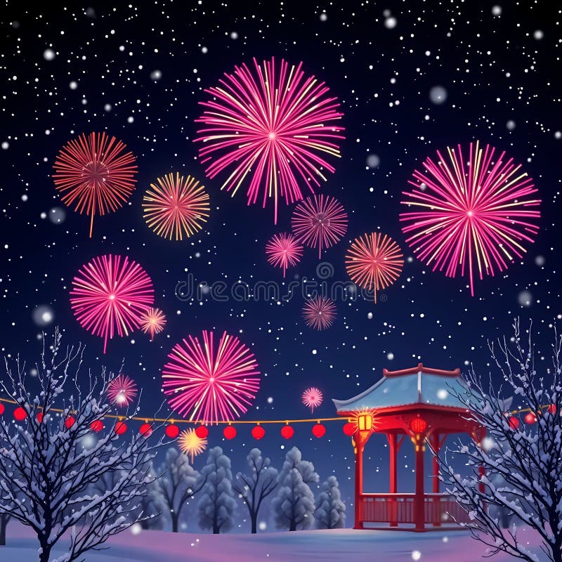 Beautiful Fireworks in the Night Sky, with Falling Snow in Gently ...