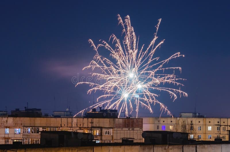 Beautiful Fireworks Over the Roofs of Houses Stock Photo - Image of ...