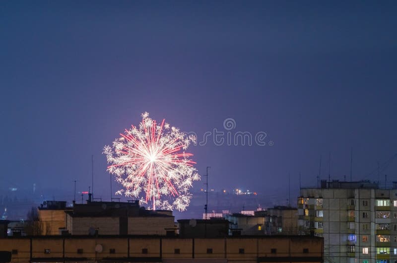 Beautiful Fireworks Over the Roofs of Houses Stock Photo - Image of ...