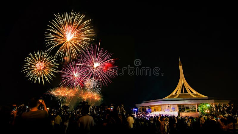 Beautiful Fireworks at the Park and People Looking at the Fireworks ...