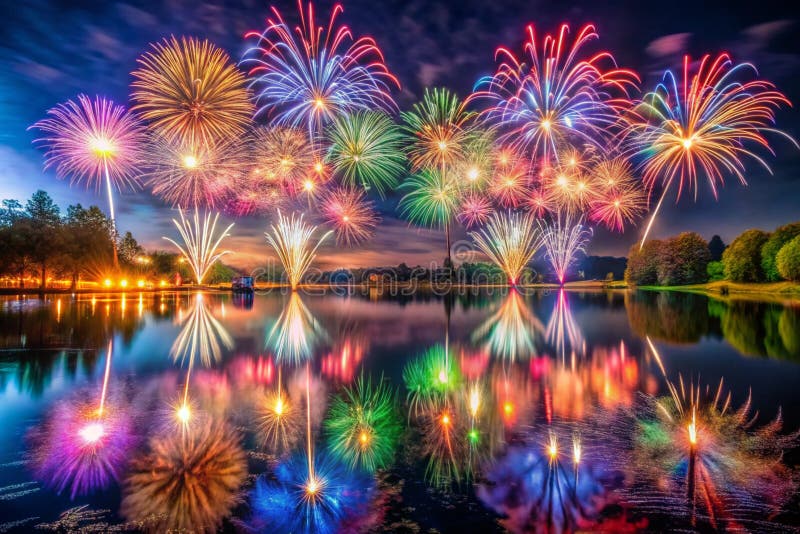 Beautiful Fireworks with Reflection in the Pond Stock Illustration ...