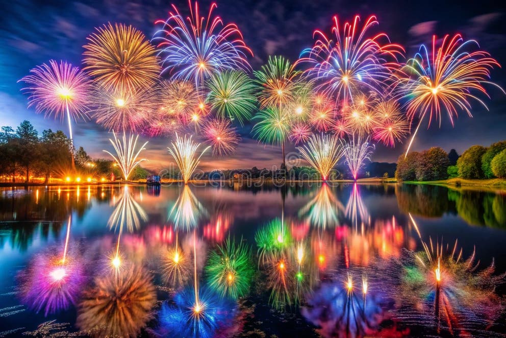 Beautiful Fireworks with Reflection in the Pond Stock Illustration ...