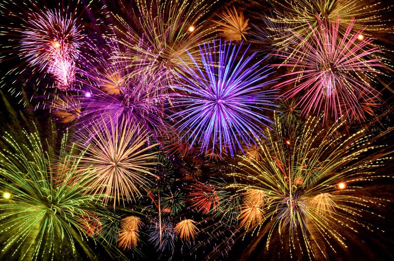 Beautiful Fireworks Show on Clear Night Sky. Stock Image - Image of ...