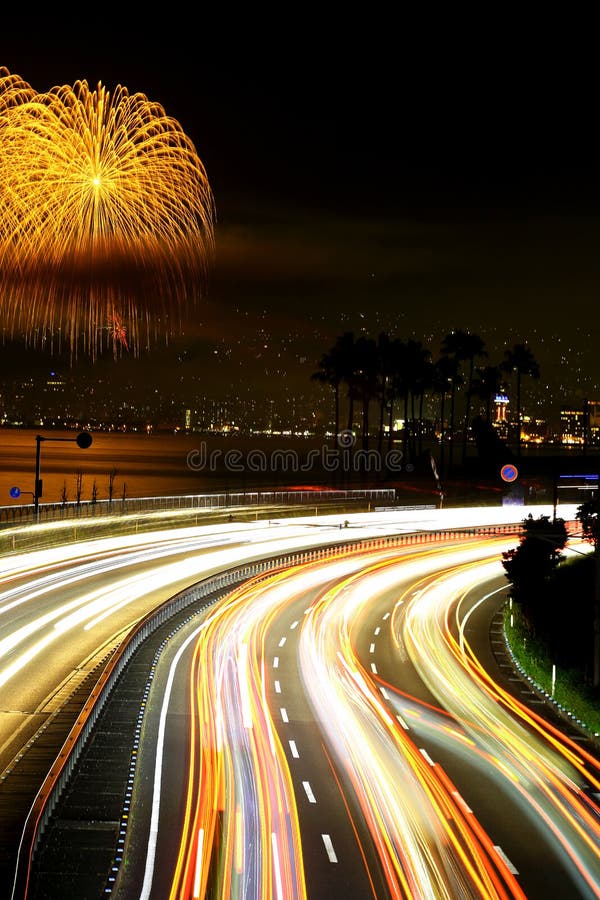 Beautiful Fireworks View from the Highway. Stock Photo Stock Photo ...