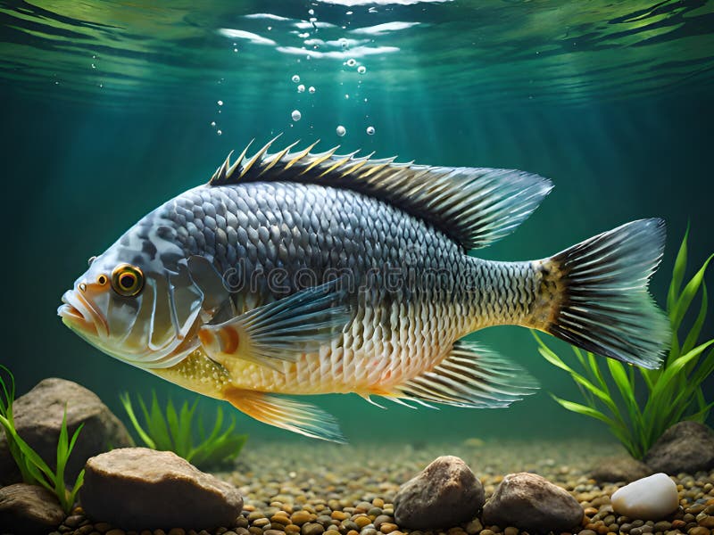 Beautiful Fish with a Big Tilapia Fish in a Aquarium Stock Illustration ...