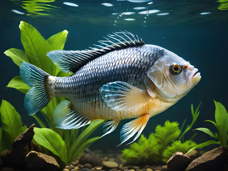Beautiful Fish with a Big Tilapia Fish in a Aquarium Stock Illustration ...