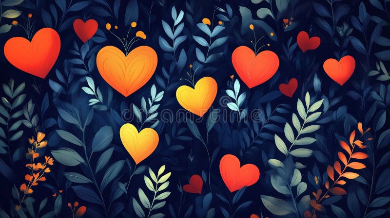 Beautiful Flat Design with Colorful Hearts among Leafy Patterns ...