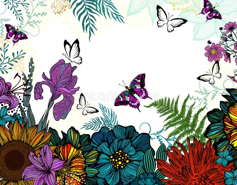 Postcard Frame for Text with Different Flowers and with Flying ...