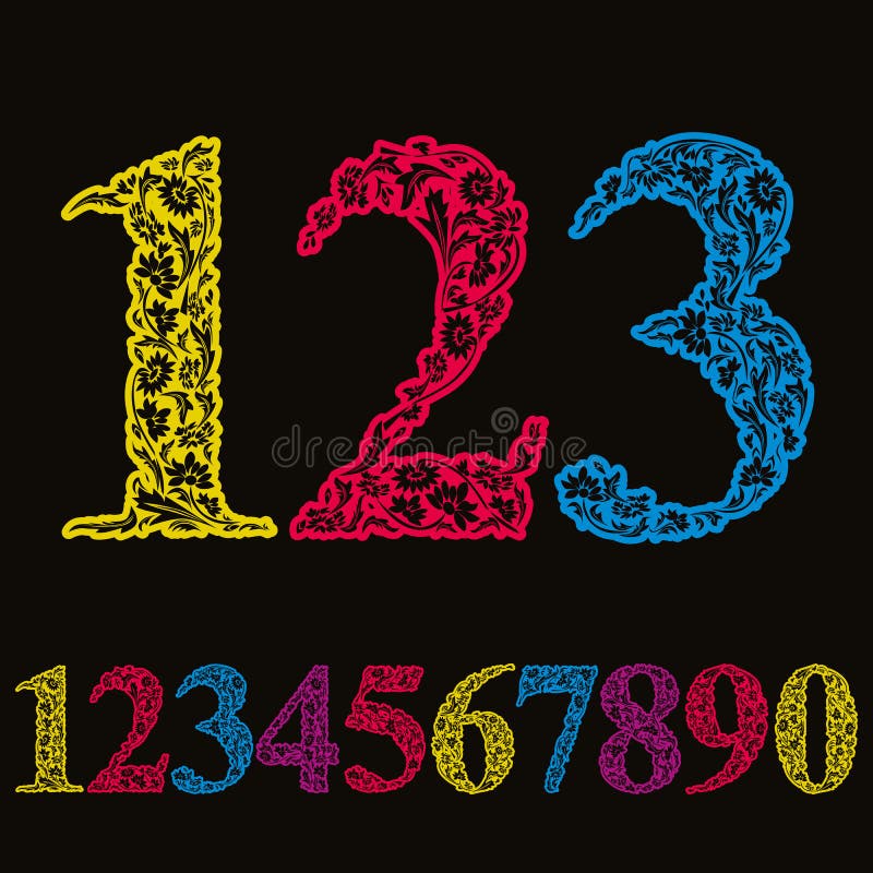Set of Beautiful Numbers Decorated with Blue Herbal Ornament. Vector ...