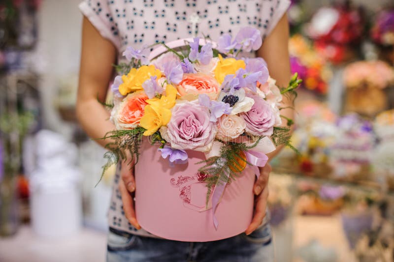 Beautiful Flower Bouquet in Round Box with Lid Stock Photo - Image of ...
